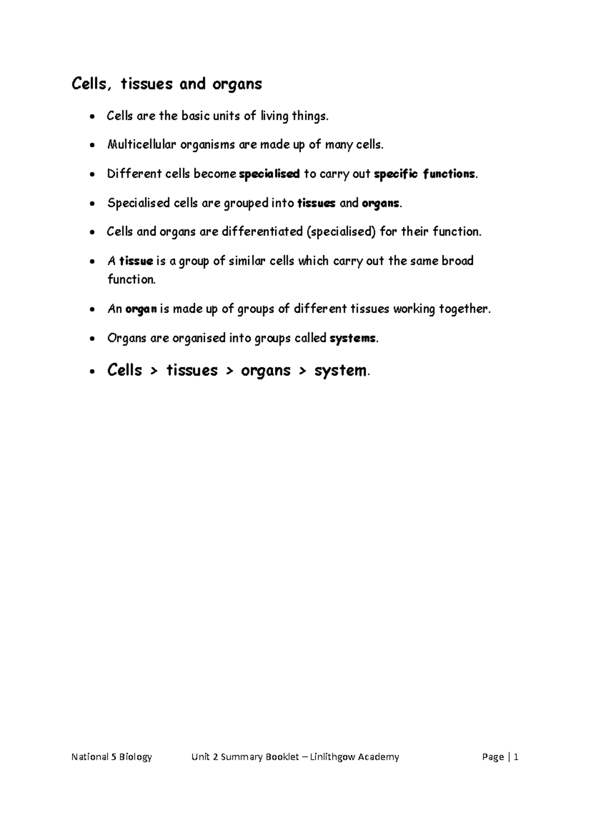 Unit 2 Summary Notes - Cells, Tissues, and Organ Systems - Studocu