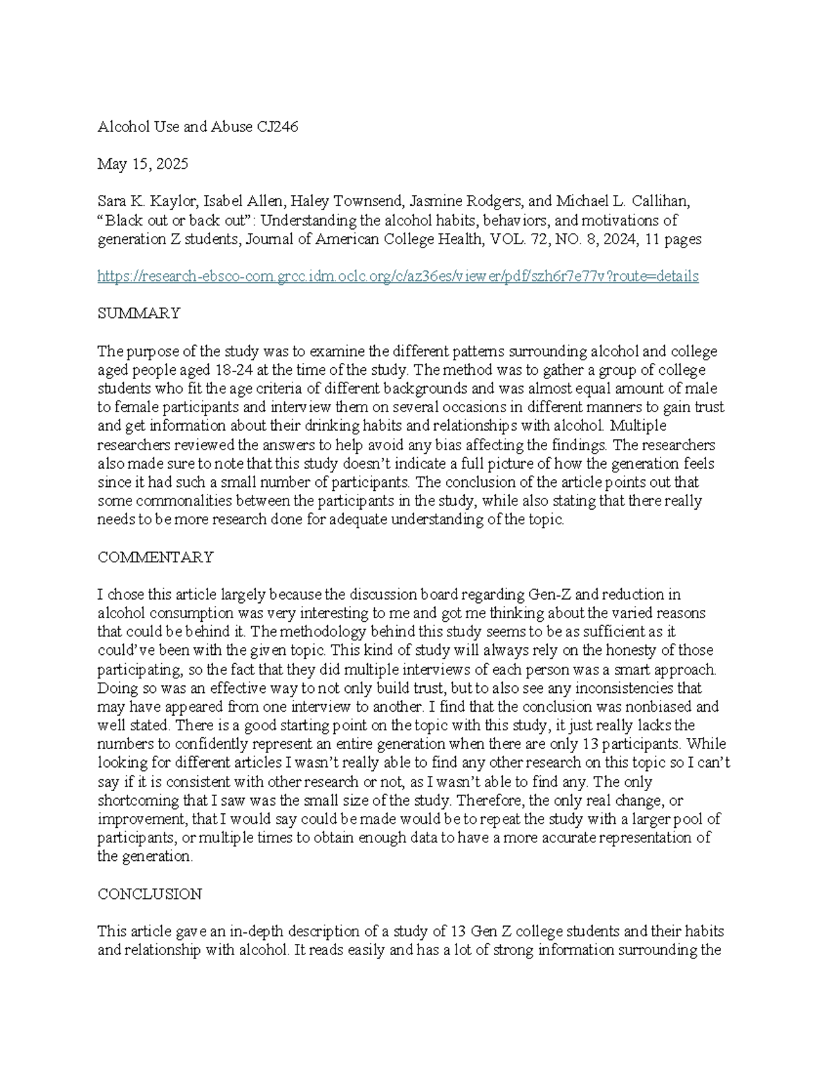 Article Review: Alcohol Use and Abuse in Gen Z Students - CJ246 - Studocu
