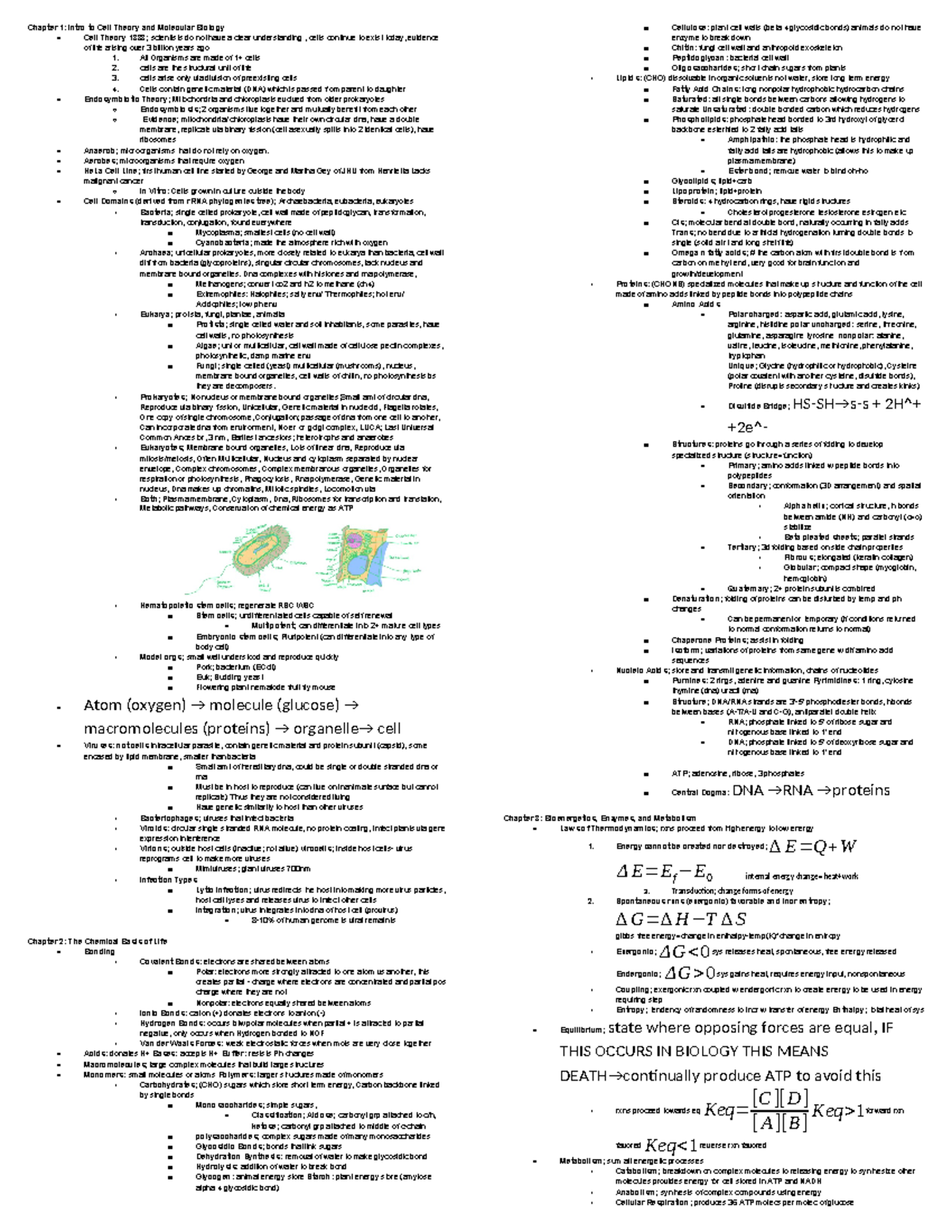 Bio 291 exam 1 reference sheet - Chapter 1: Intro to Cell Theory and Molecular Biology Cell ...