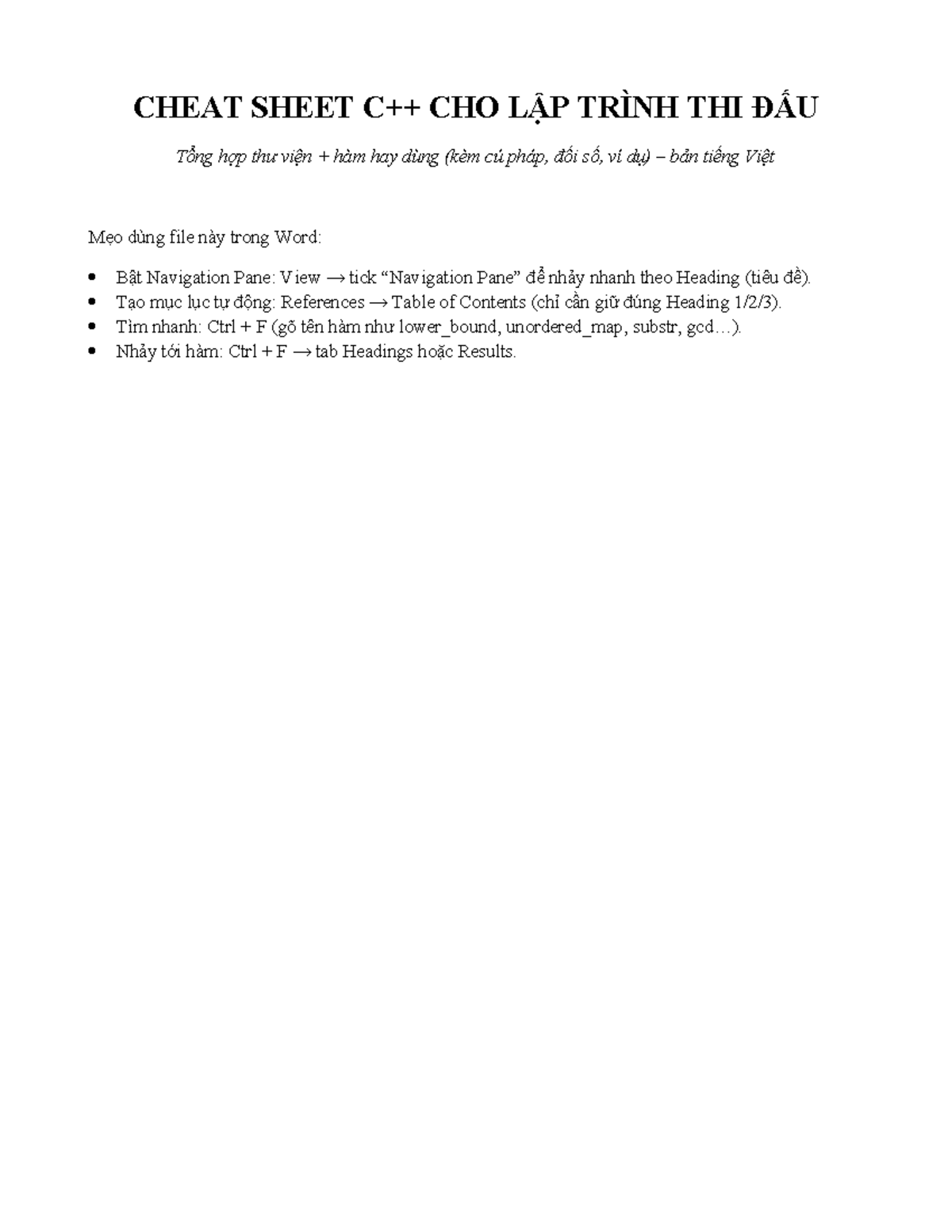 CPP Competitive Programming Cheat Sheet: Thư Viện Hàm Thông Dụng - Studocu