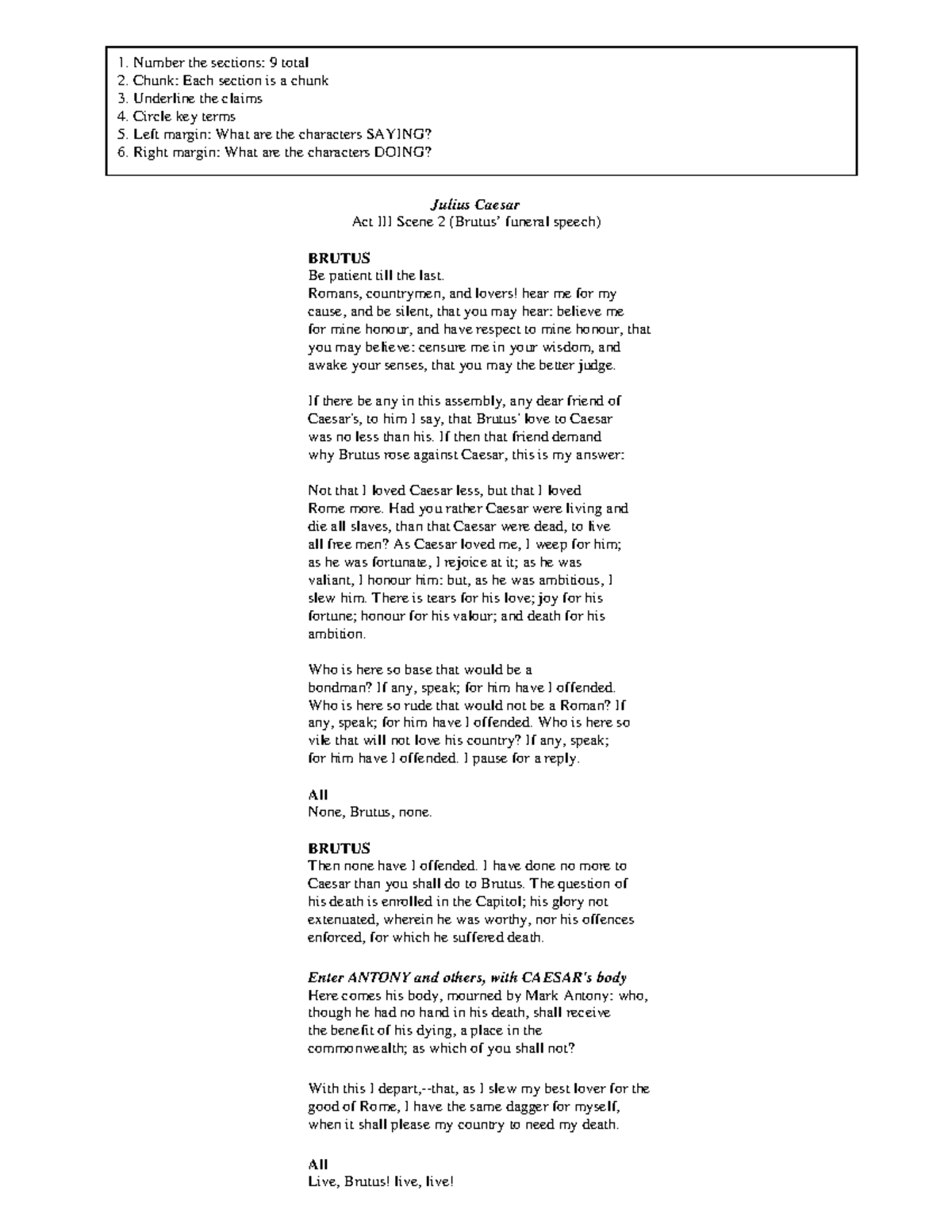Brutus funeral speech - yes - Julius Caesar Act III Scene 2 (Brutus ...