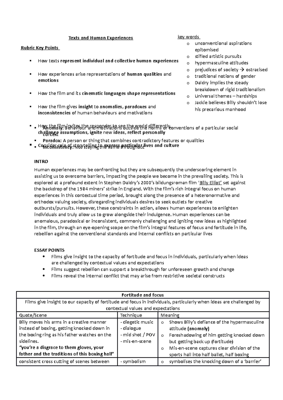 ENG1101: Exploring Human Experiences in "Billy Elliot" Essay Notes ...