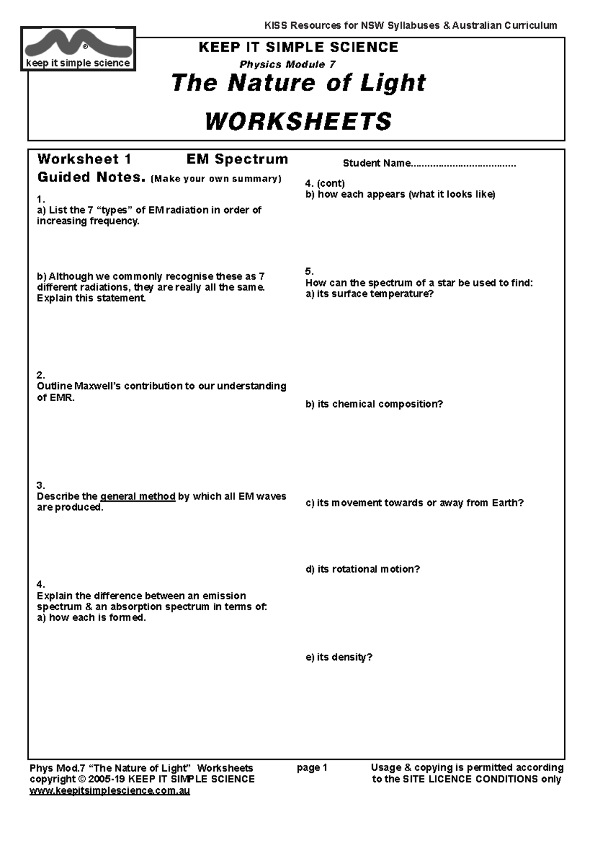 PHYS 7 Final Exam Worksheets - The Nature of Light Practice Questions ...