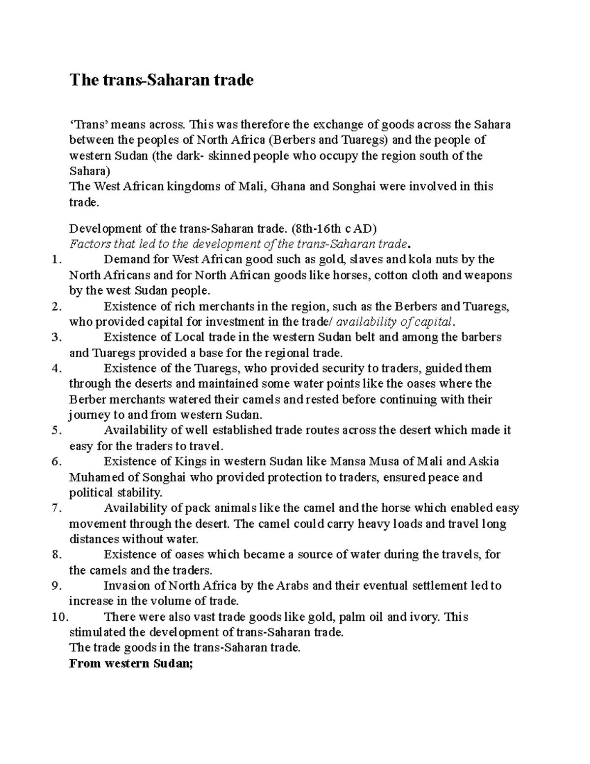 Trans-Saharan Trade Notes: Key Insights and Impacts - Studocu