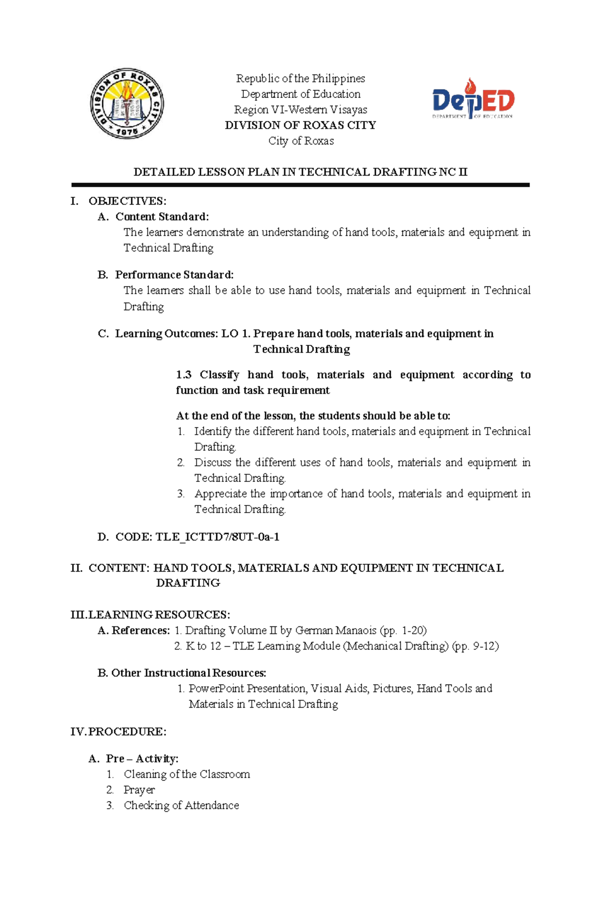 Detailed Lesson Plan in Technical Drafting NC II: Tools & Materials ...
