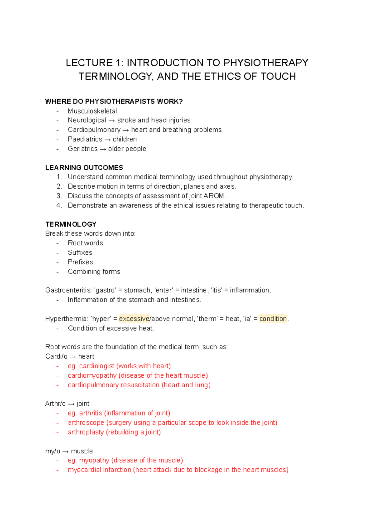 Physiotherapy I Lecture Notes: Introduction, Terminology & Ethics - Studocu