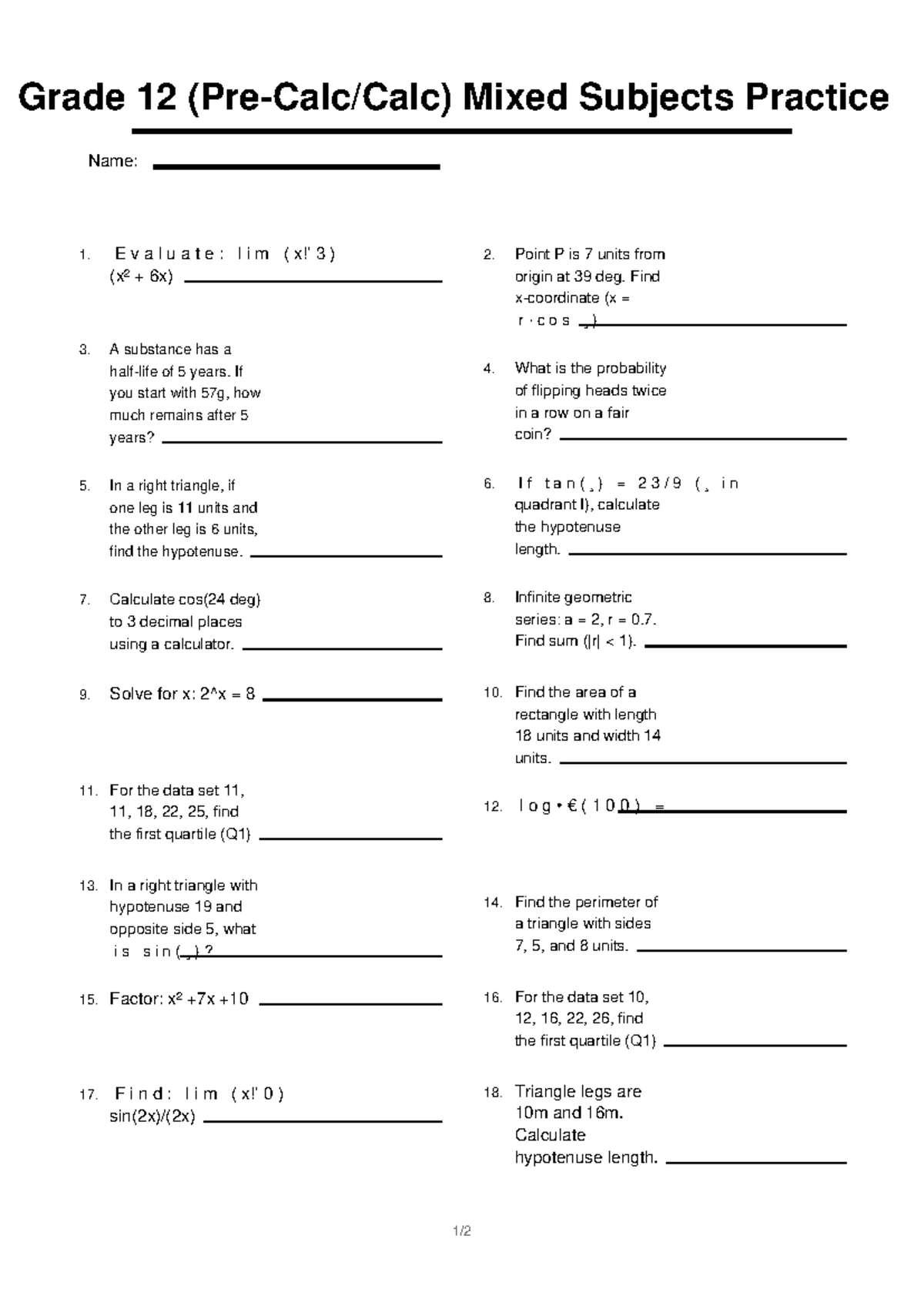 Grade 12 Calc Mixed Subjects Practice Problems - Studocu