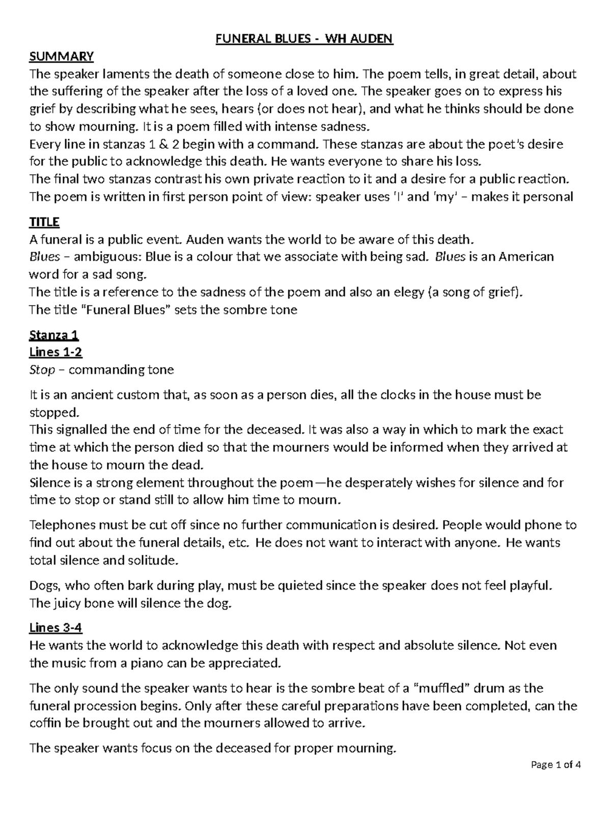 FUNERAL BLUES WH AUDEN: A Summary of Grief and Mourning - Studocu
