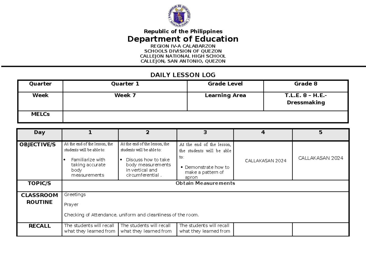 TLE-HE-DLL-WEEK7-G8-S.Y.24: Dressmaking Lesson Plan - Studocu