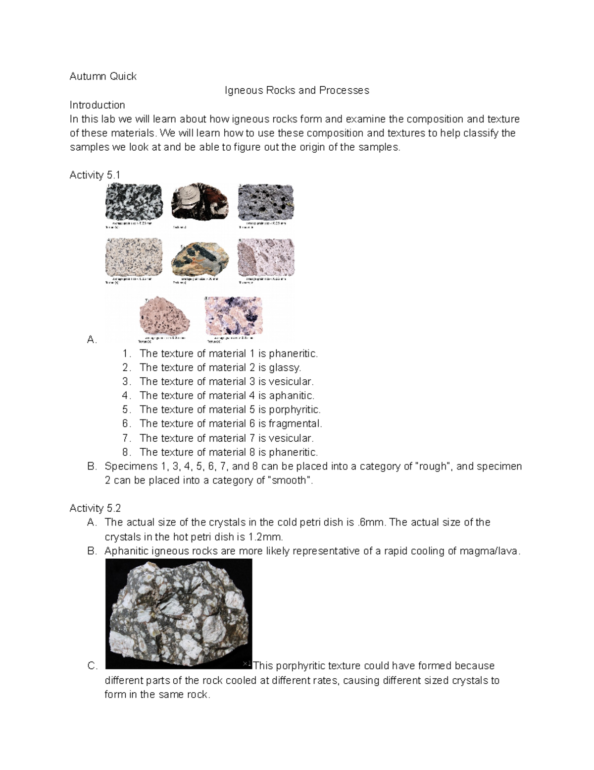 Lab 5: Igneous Rocks and Processes Analysis - Studocu