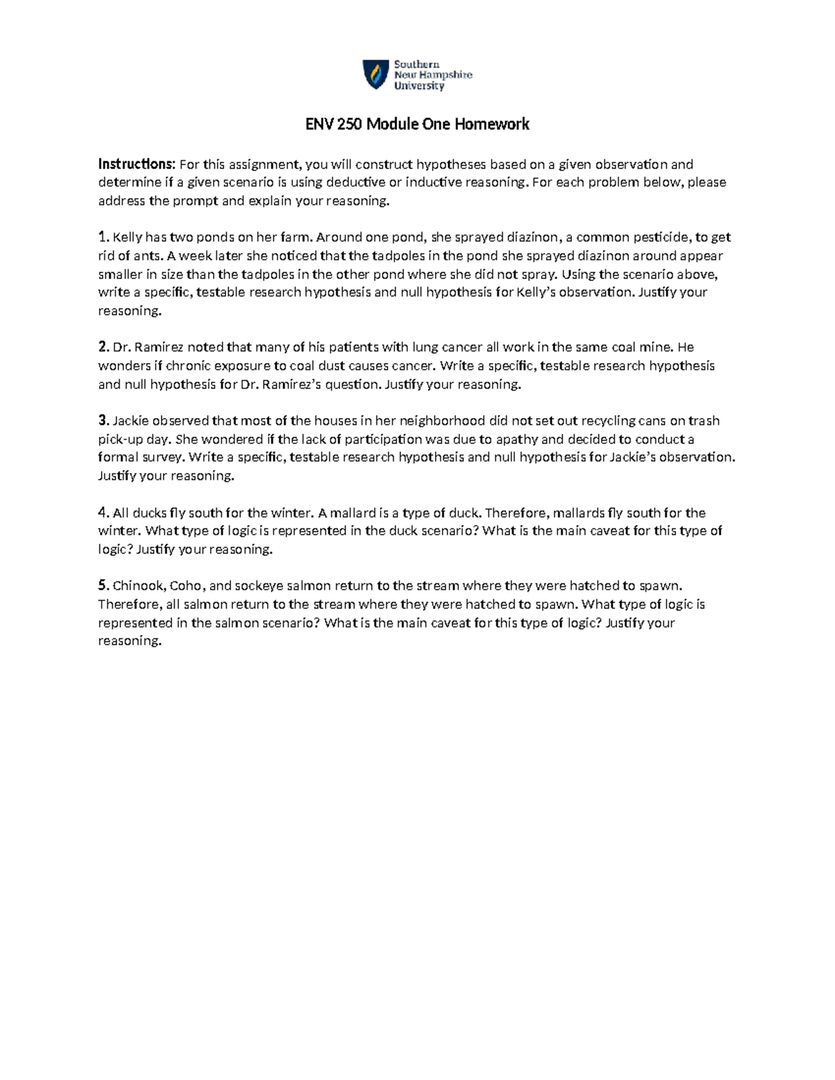 ENV 250 Module 1 Homework: Hypotheses & Reasoning Analysis - Studocu