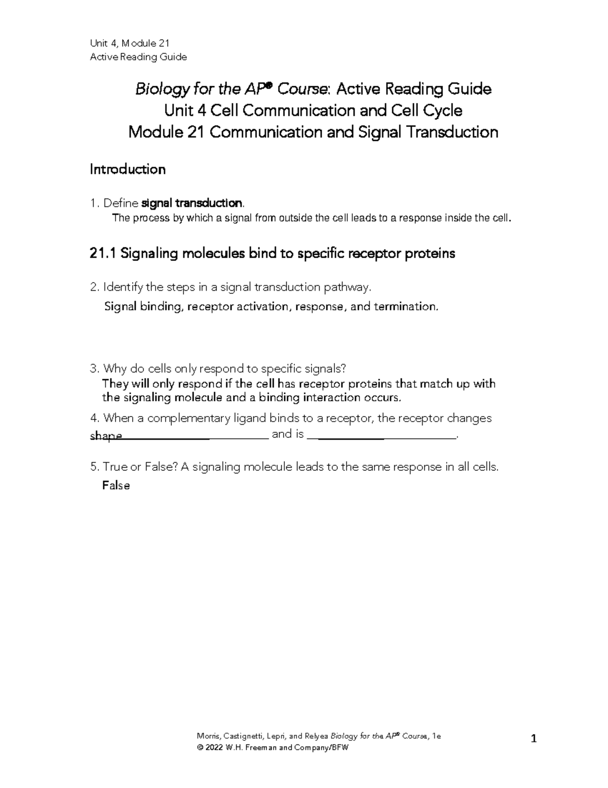 Module 21 RG Homework Answers: Signal Transduction & Communication ...