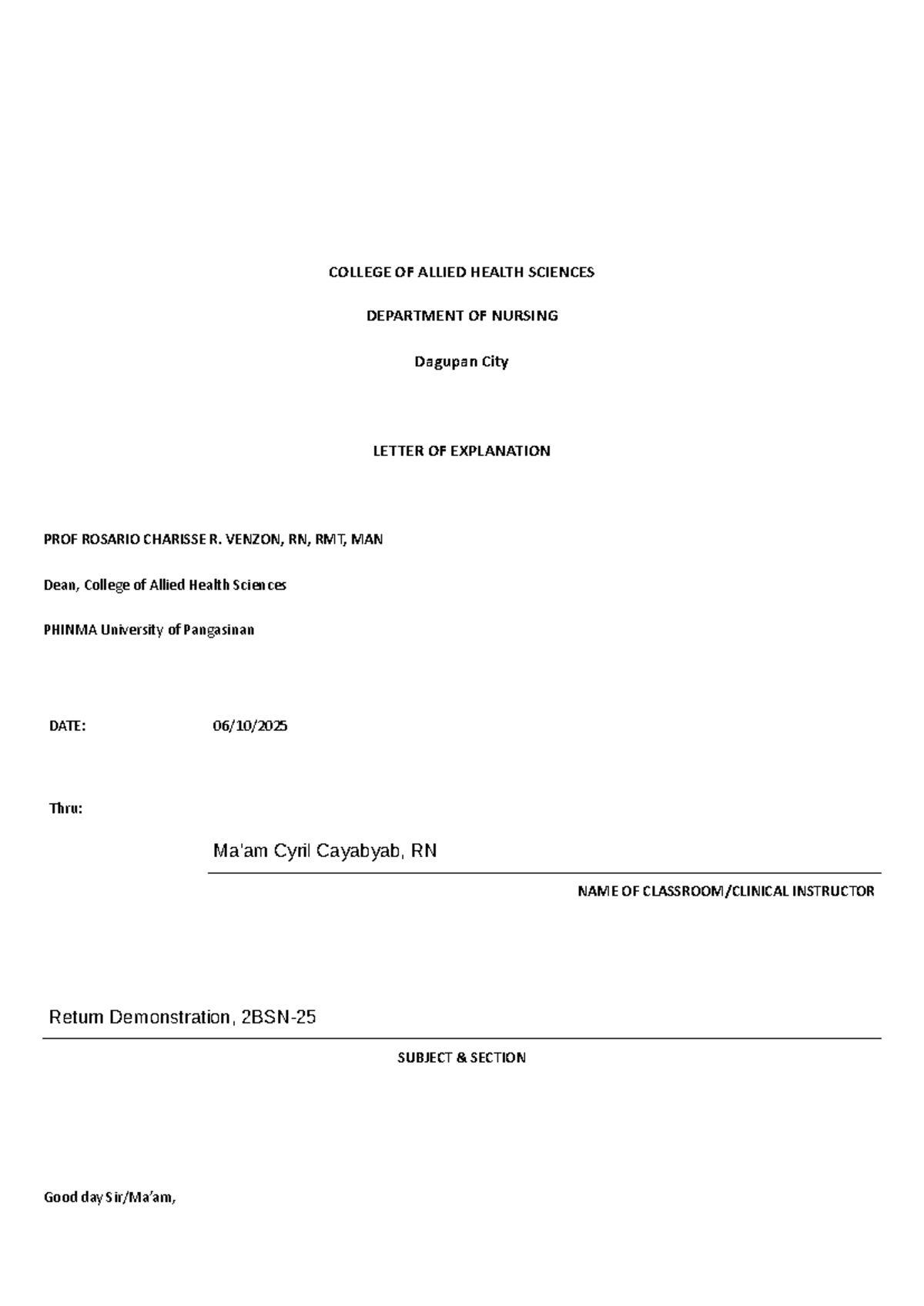 Letter of Explanation for Return Demonstration Oversight - Nursing ...