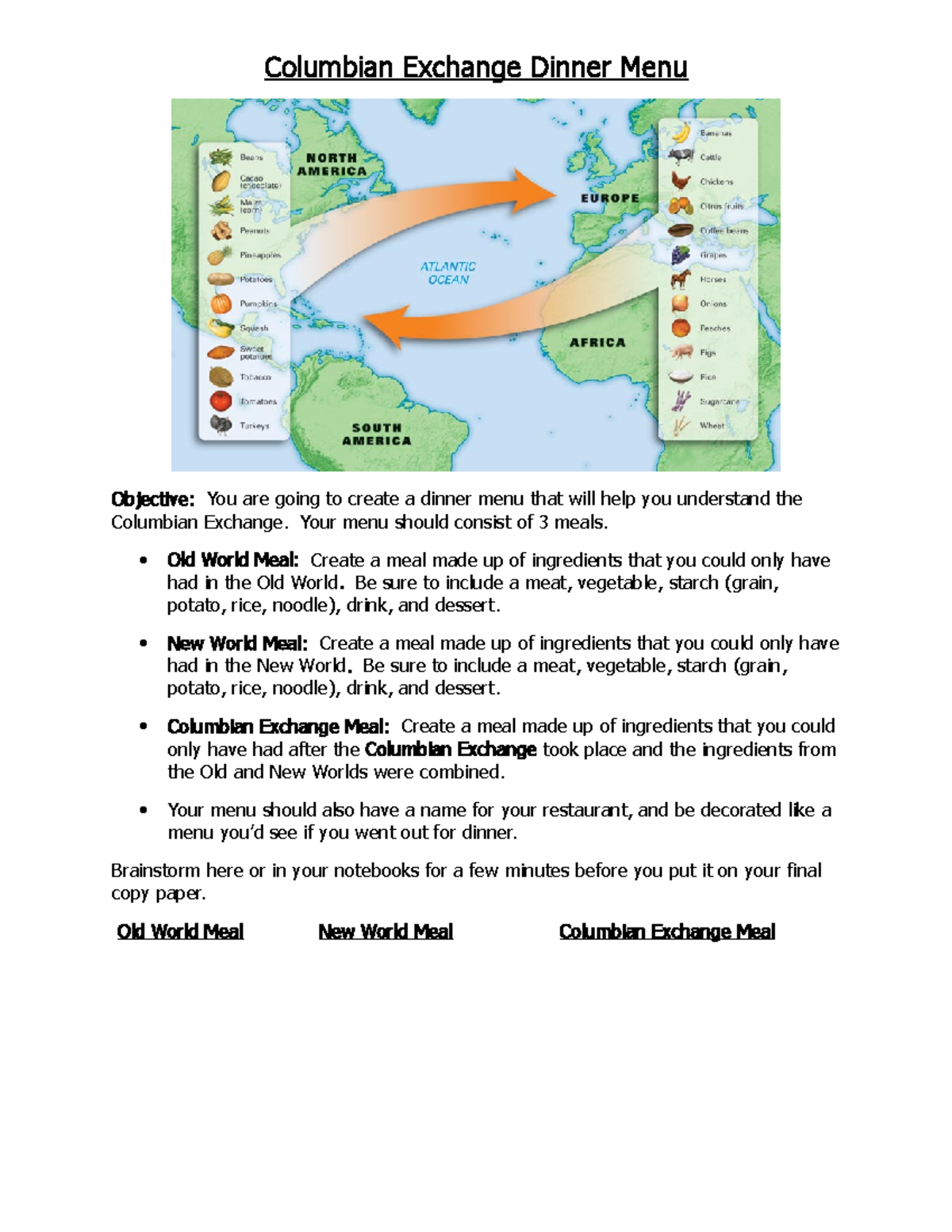 Columbian Exchange Dinner Menu - Columbian Exchange Dinner Menu ...