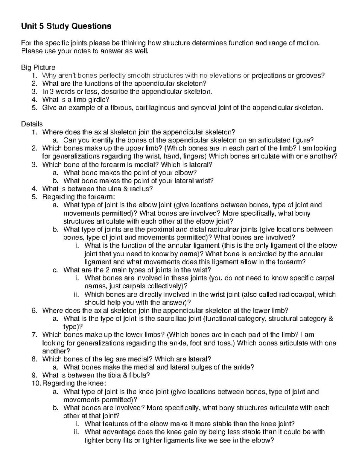 Unit 5 Study Questions: Anatomy of the Appendicular Skeleton - Unit 5 ...