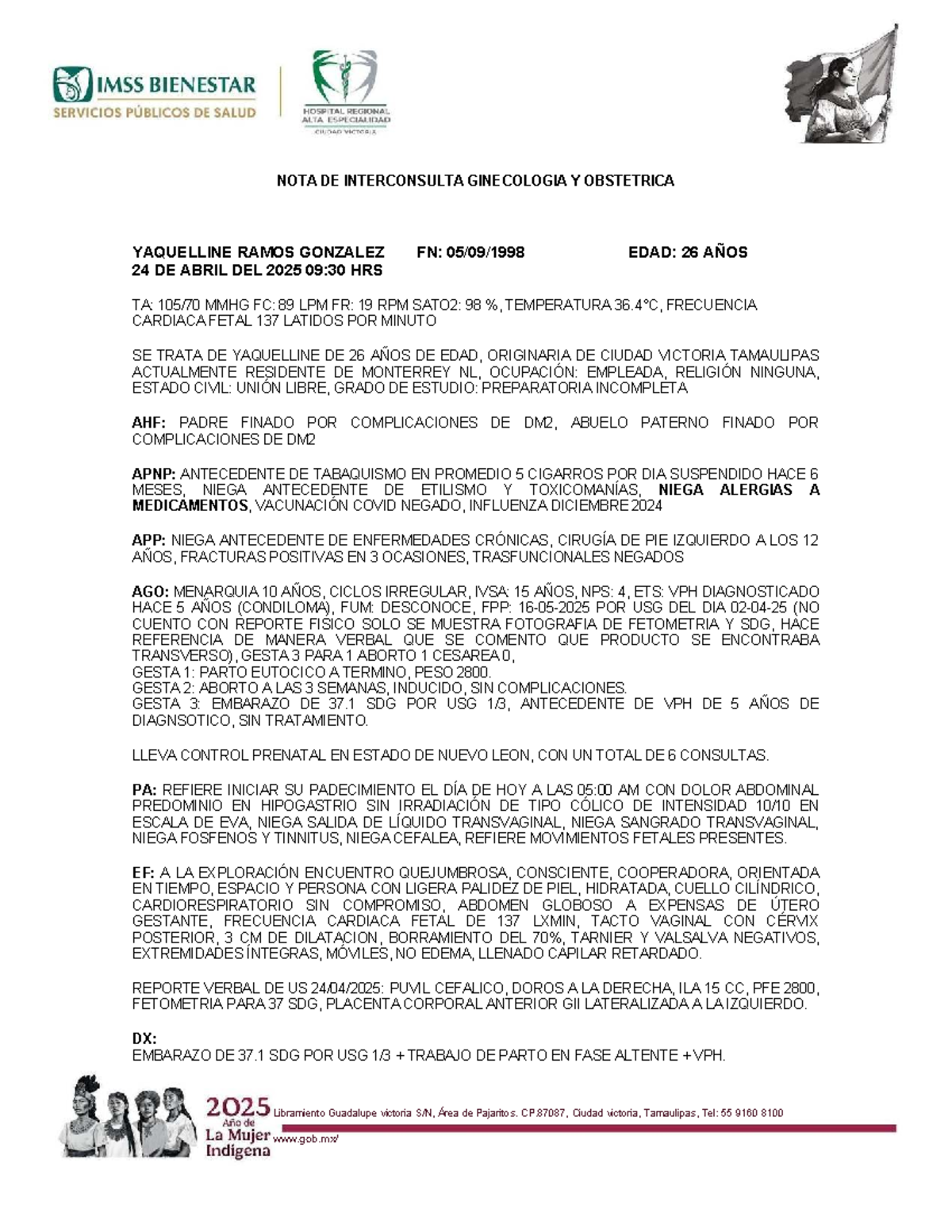 Nota de Interconsulta Ginecología y Obstetricia - Yaquelline Ramos G ...