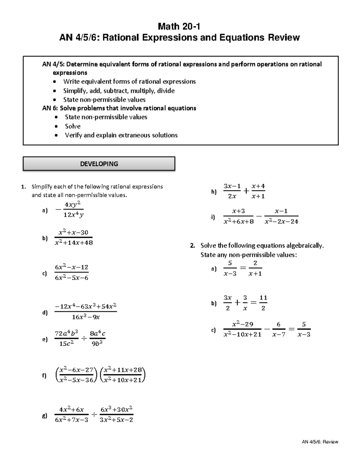 Rational Expressions & Equations Review AN: Simplification & Solutions ...
