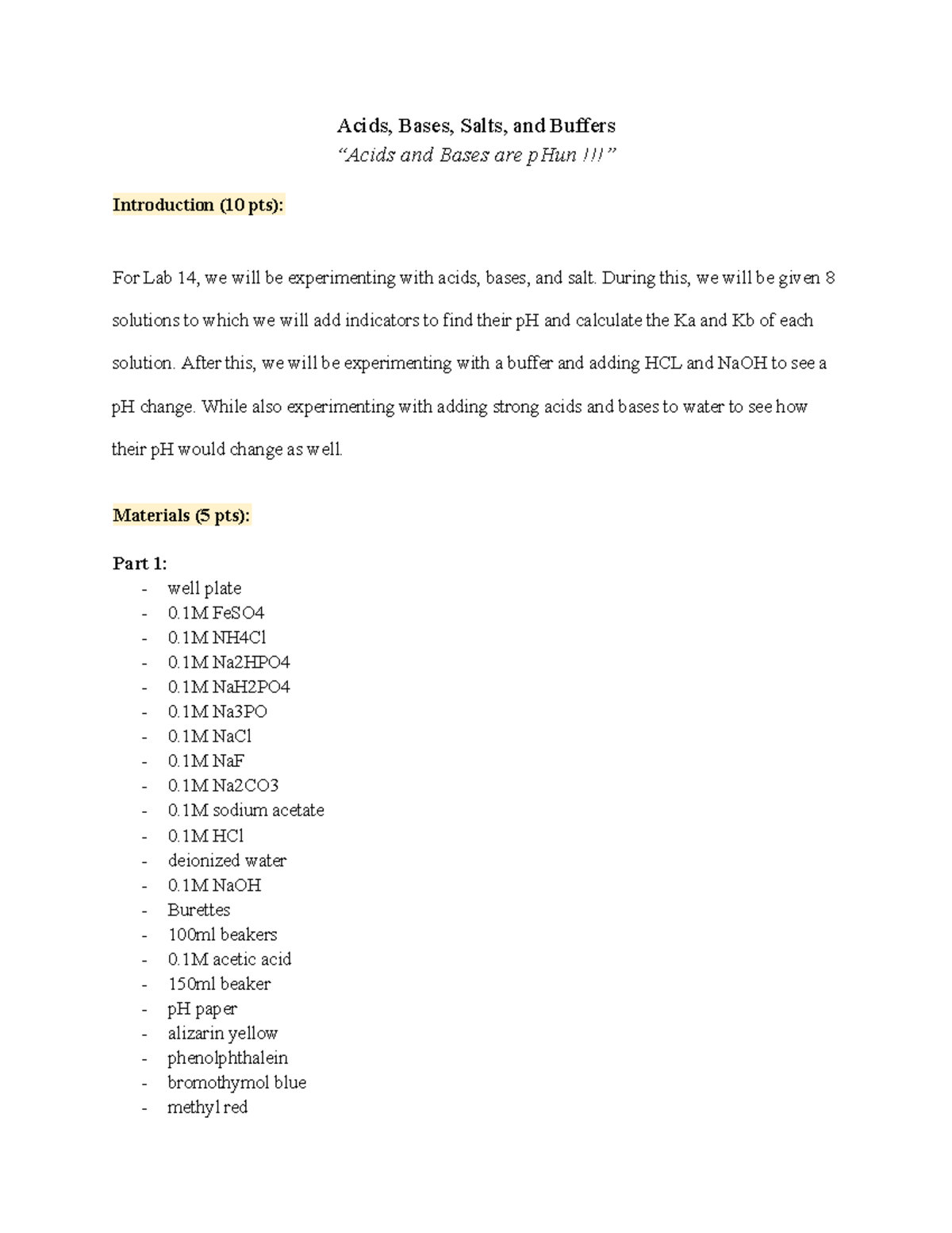 Lab Report 14 - Acids, Bases, and Buffers Experiment Details - Studocu