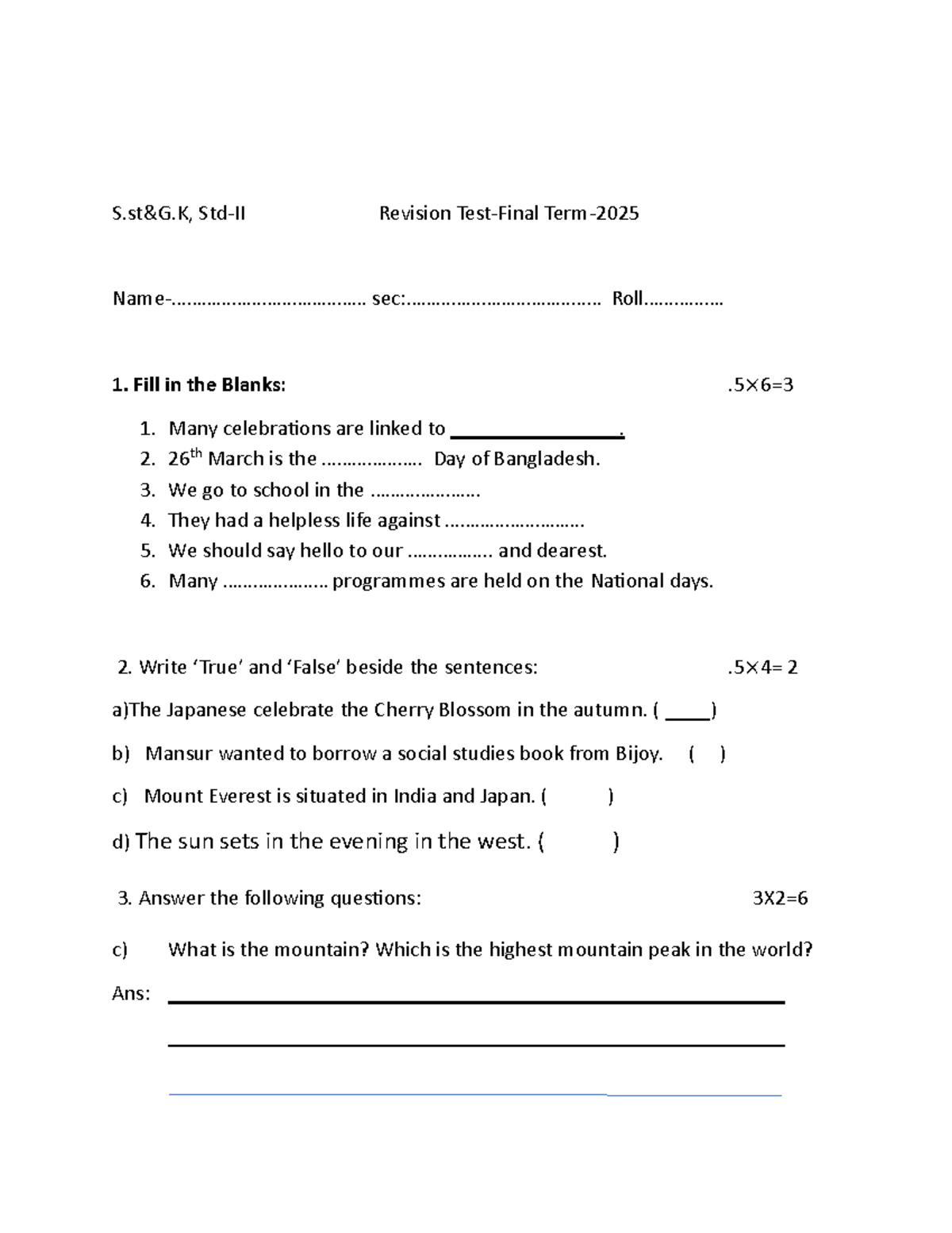 Revision Test - Sample Fill in the Blanks and Questions - Studocu