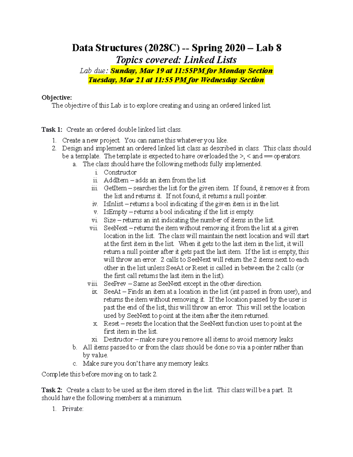 Lab 8 - Data Structures (2028C): Implementing Ordered Linked Lists - Studocu