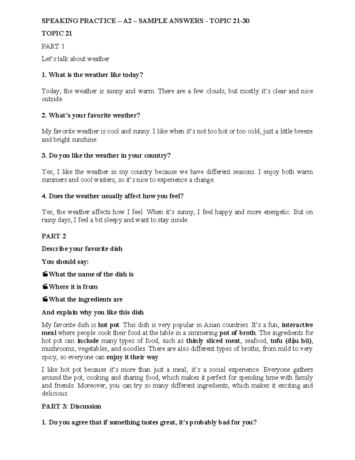 A2 Speaking Practice - Sample Answers for Topics 21 to 30 - Studocu