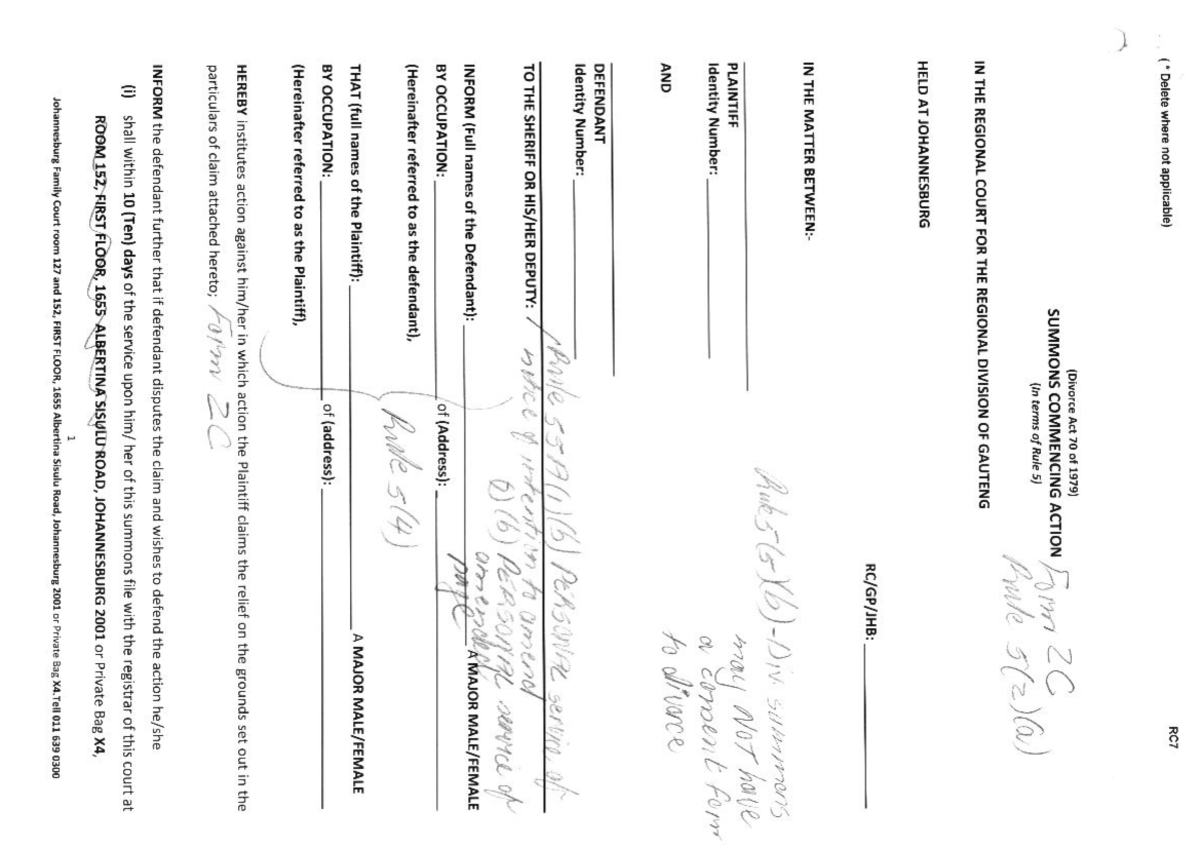 RC7 Divorce Act 70 of 1979: Summons Commencing Action Template - Studocu