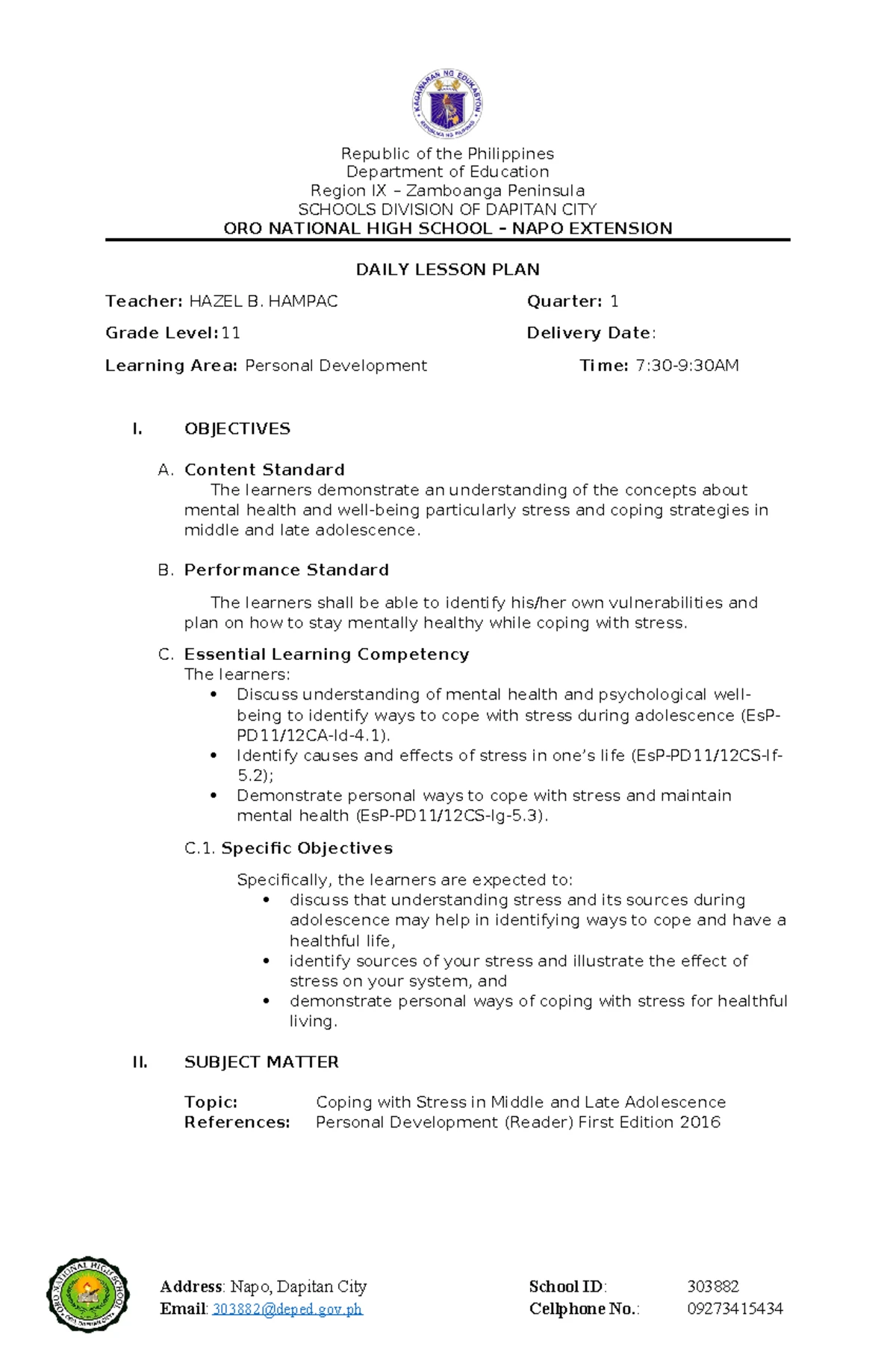 G11 PD Lesson Plan: Understanding Oneself in Adolescence - Studocu