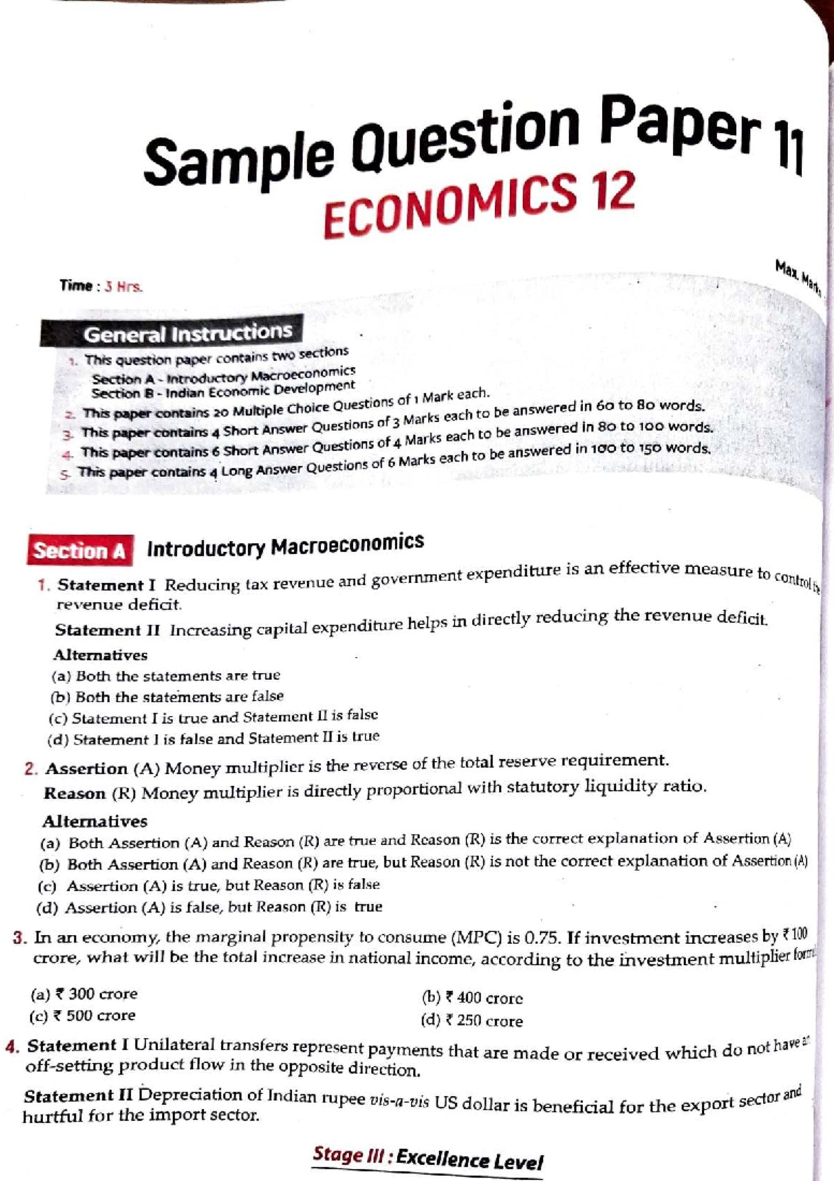 Sample Question Paper 11: Economics 12 - Macroeconomics & Indian ...