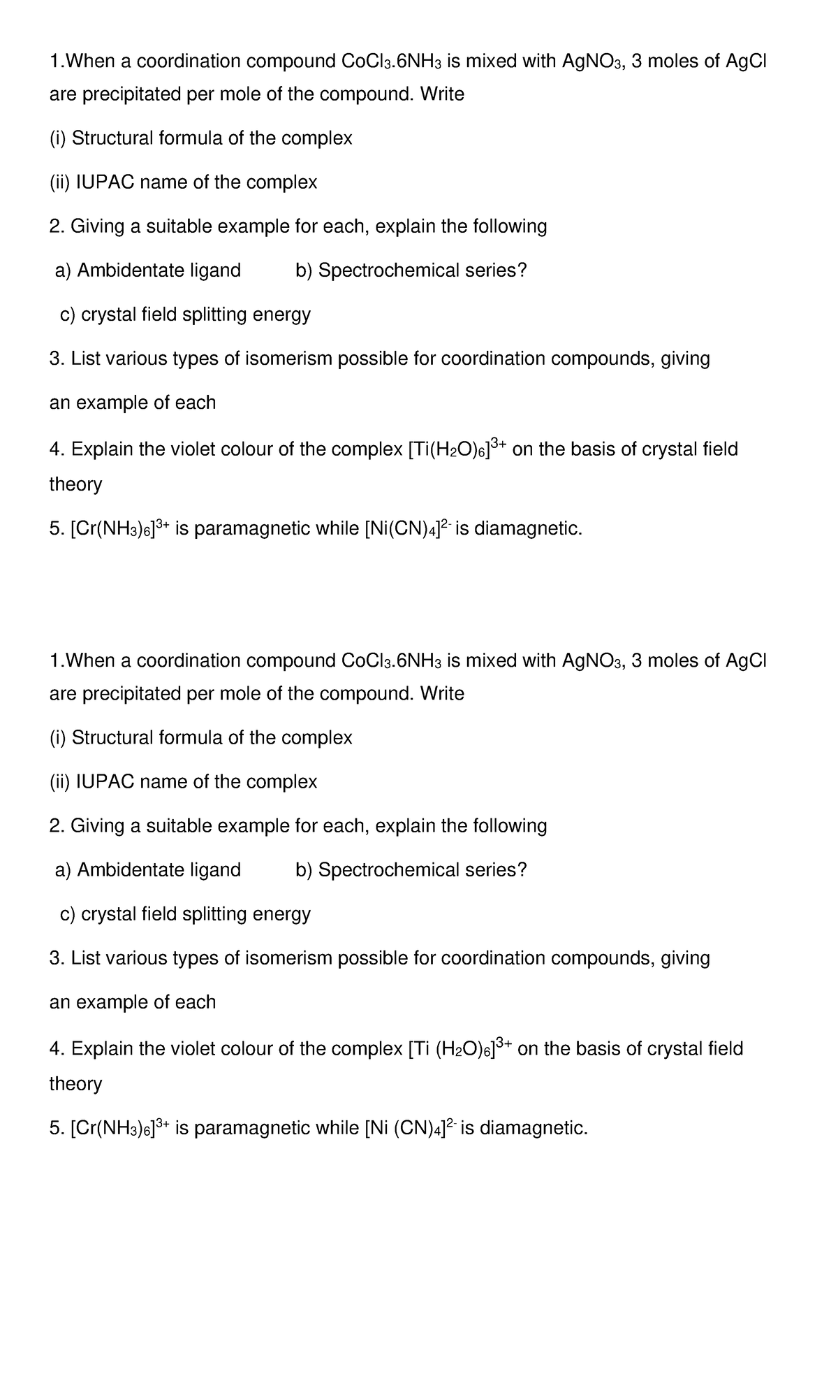 Cord compds - Coordination compounds - 1 a coordination compound CoCl 3 ...