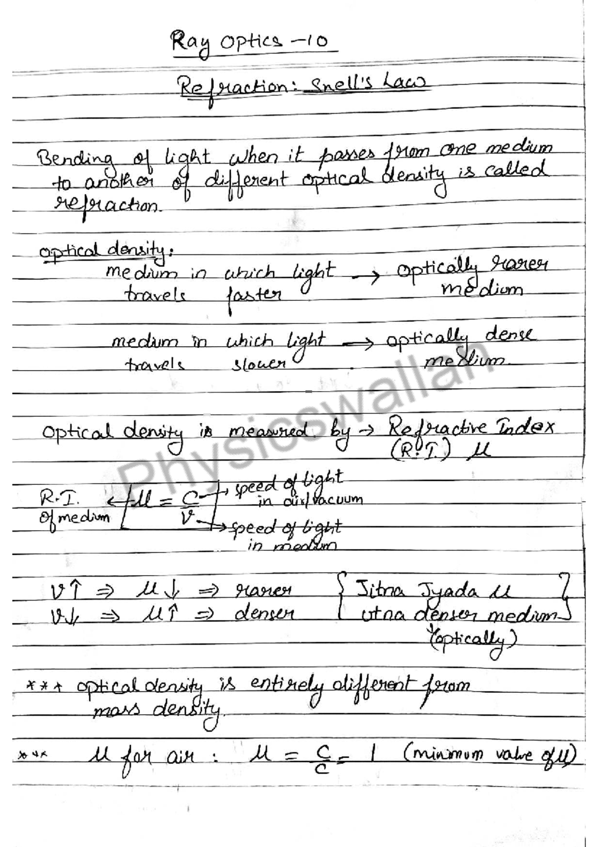Class 12 Chapter 9 Ray Optics: Refraction Laws & Notes - Studocu