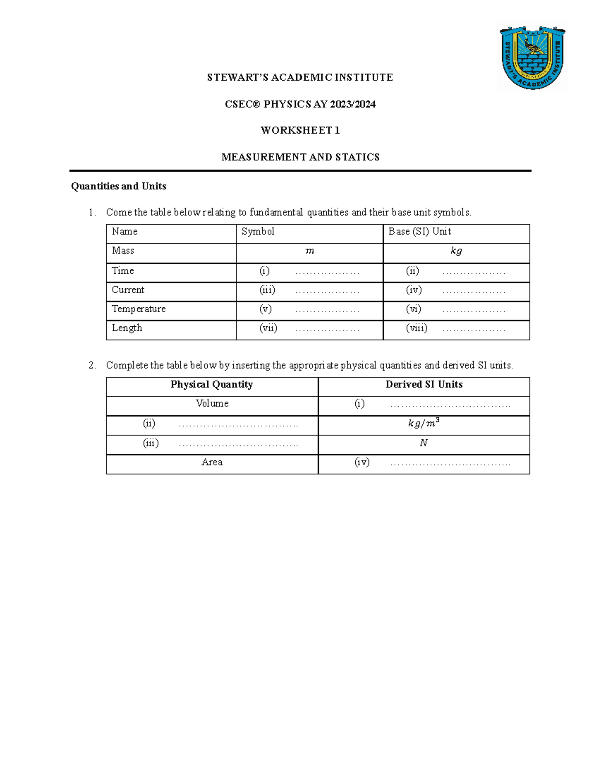CSEC Physics AY2023-2024 Worksheet 1: Measurement, Statics & Forces ...