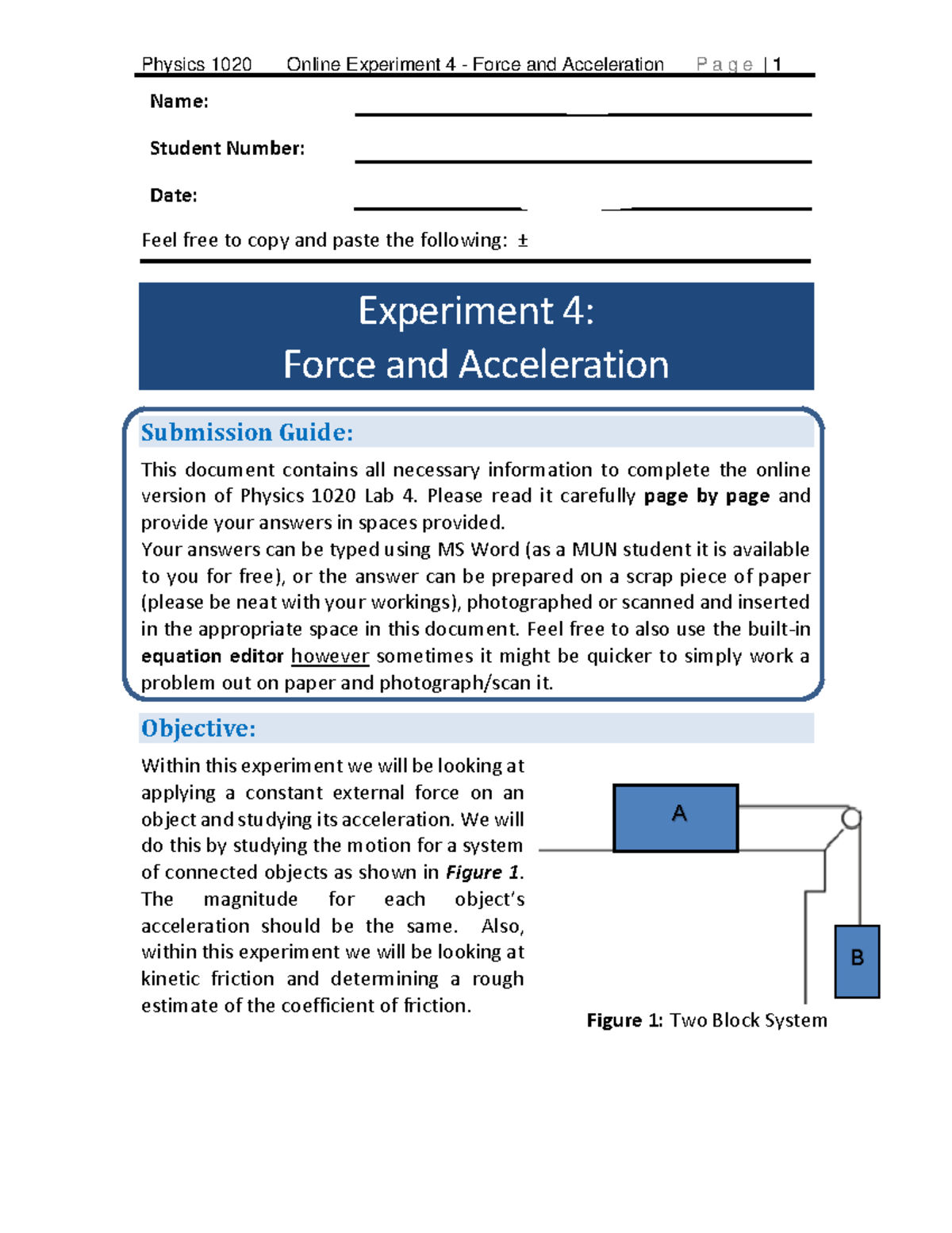 Physics 1020 Lab 4: Force and Acceleration Experiment Worksheets - Studocu