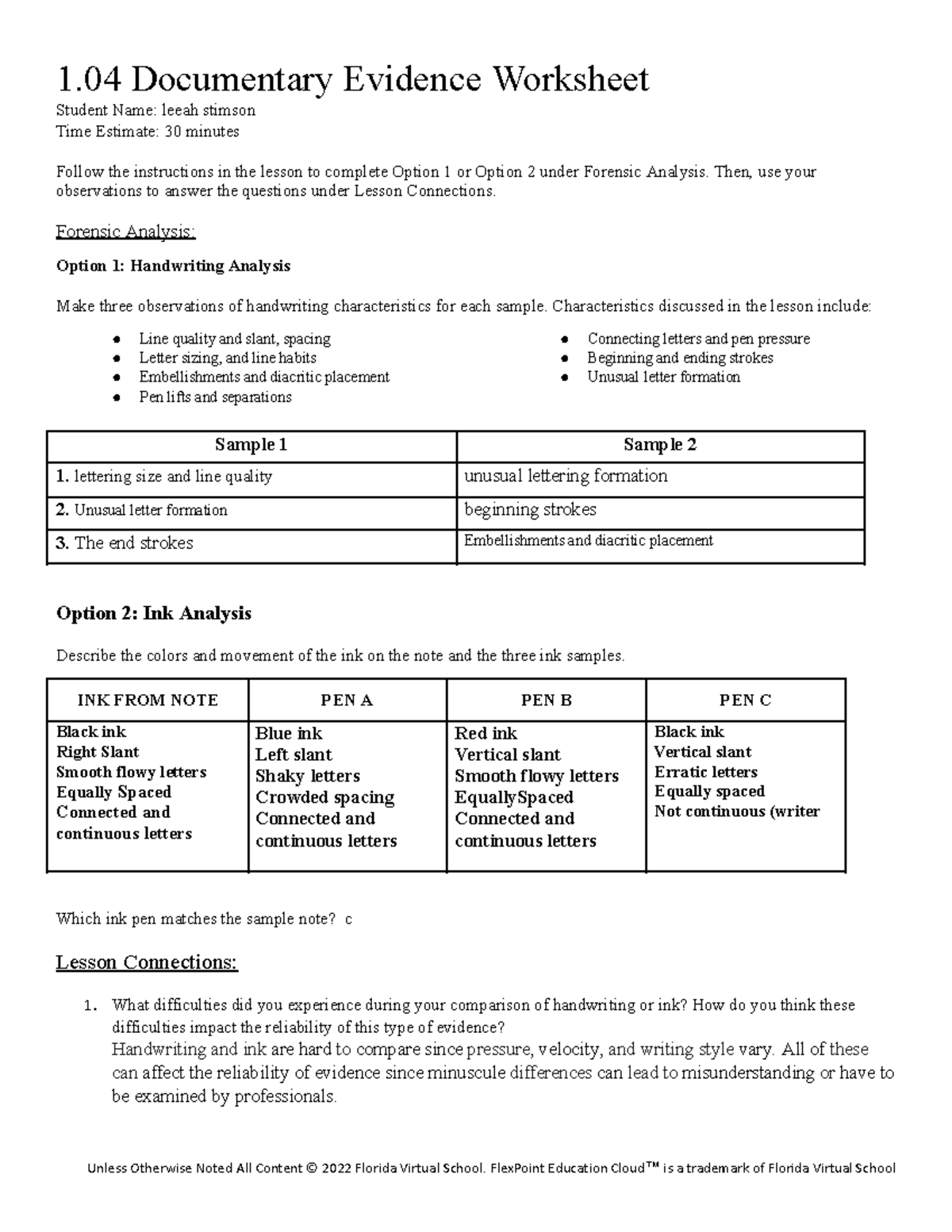 1.04 Forensic Analysis: Handwriting & Ink Evidence Worksheet - Studocu