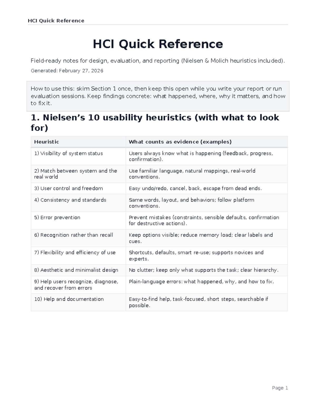 HCI 101 Quick Reference: Usability Heuristics & Evaluation Guide - Studocu
