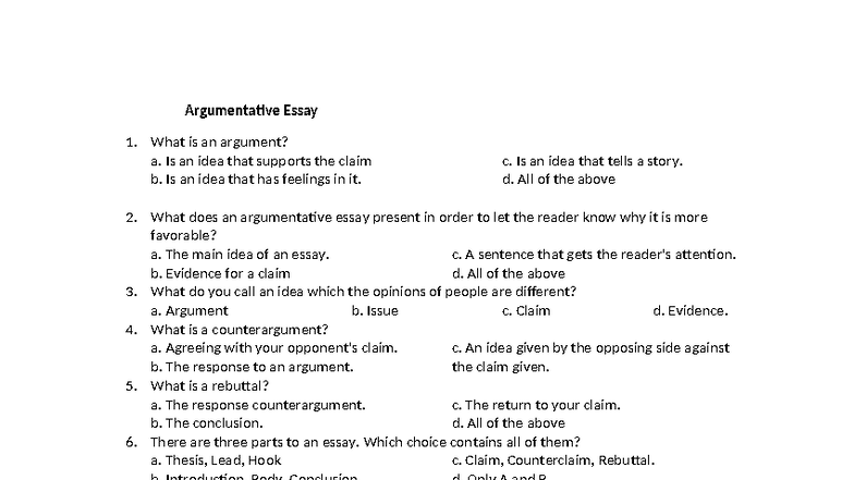 M1 Argumentative Essay Writing Guide and Activities - Studocu
