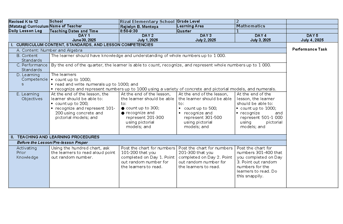 Q1 DLL-MATH 2 WEEK 3: Daily Lesson Log for Mathematics - Studocu