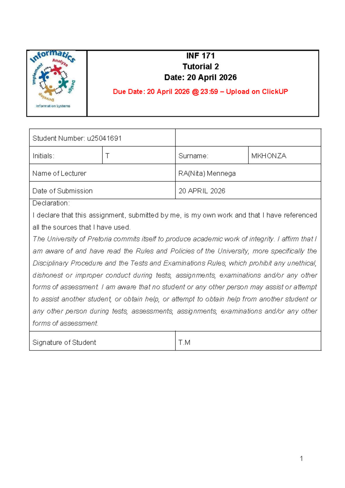 INF 171 Tutorial 2: Feasibility Matrix Analysis and Recommendations ...