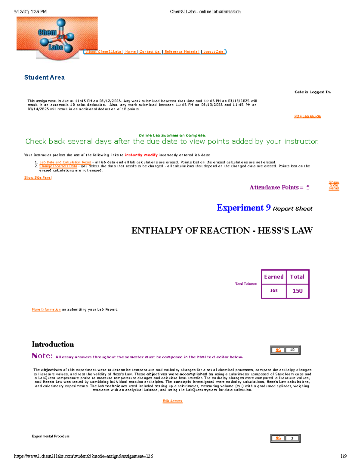 Chem 9: Enthalpy of Reaction Lab Report Submission - Studocu