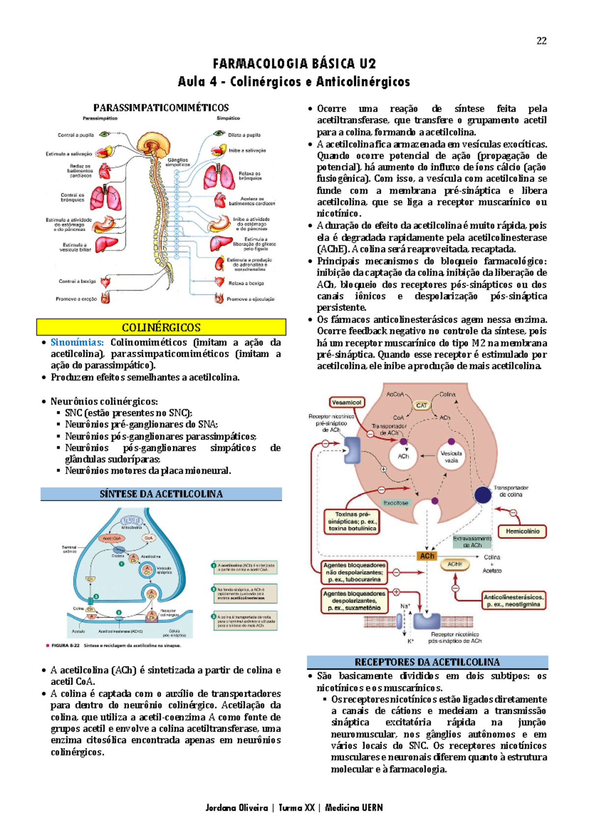 Aula 4: Colinérgicos e Anticolinérgicos - Farmacologia Básica U - Studocu