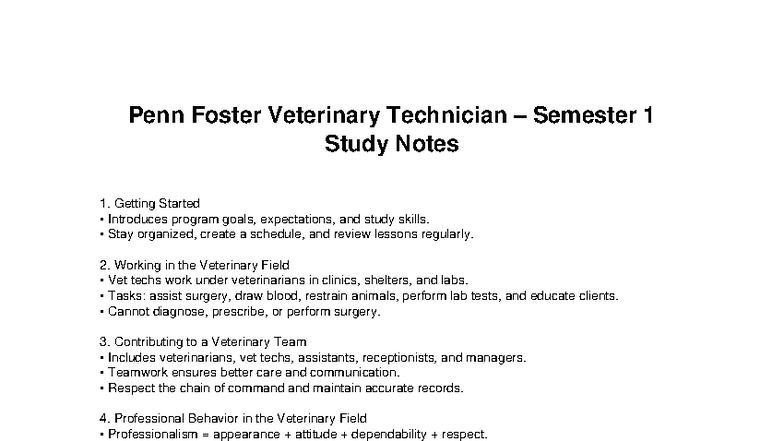 Penn Foster Vet Tech Semester 1 Study Notes: Key Concepts & Skills ...
