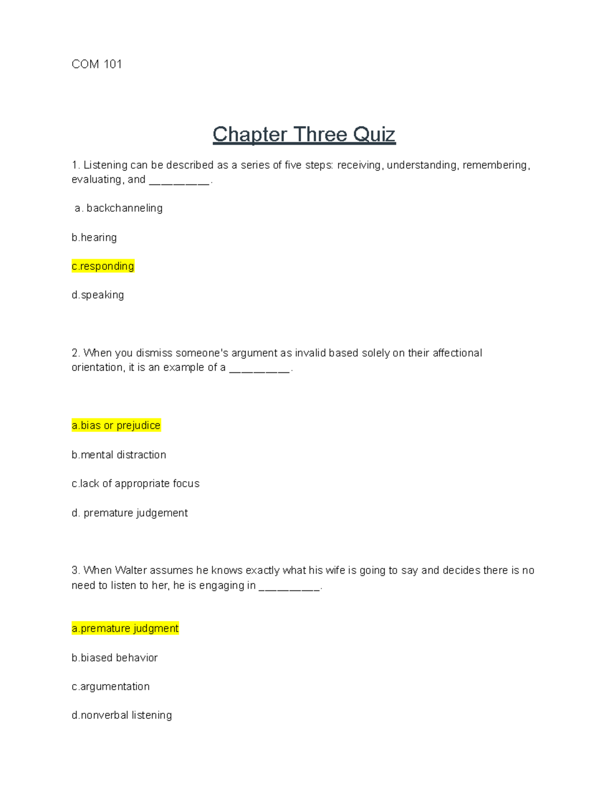 COM 101 - Quiz 3: Chapter Three Listening Concepts and Questions - Studocu