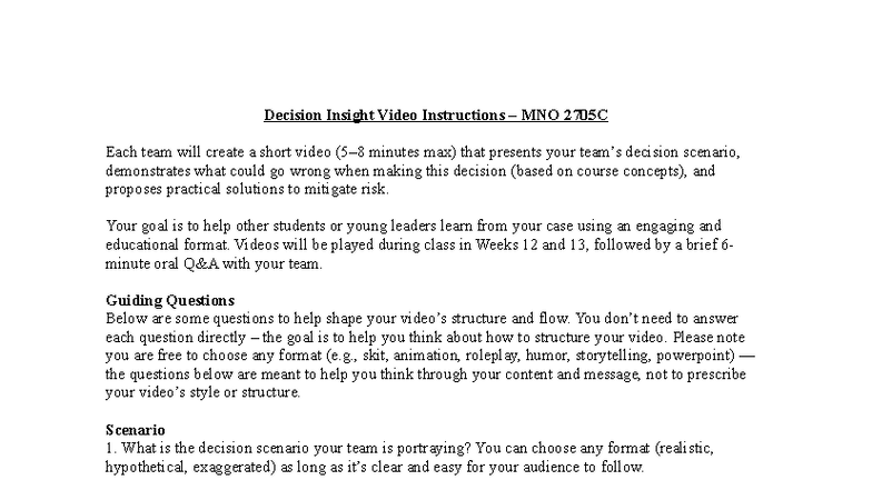 MNO 2705C Team Project Handout Part 2-2 - Decision Insight Video ...