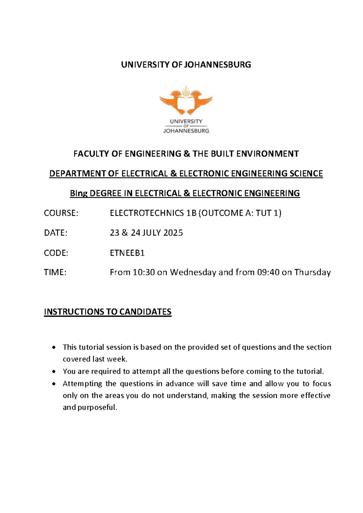 ETNEEB1 Electrotechnics 1B Outcome A Tutorial 1 Guide - Studocu