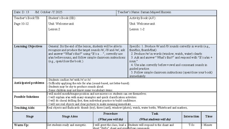 Lesson Plan: Welcome Unit - Lesson 2 (Eng 101) - Studocu