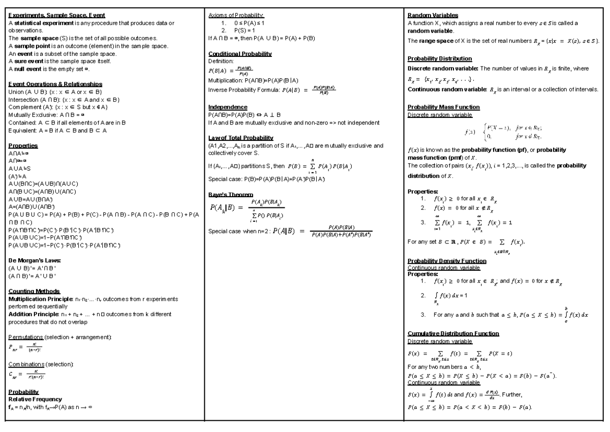 ST2334 Mid-Terms Cheatsheet: Probability & Random Variables - Studocu