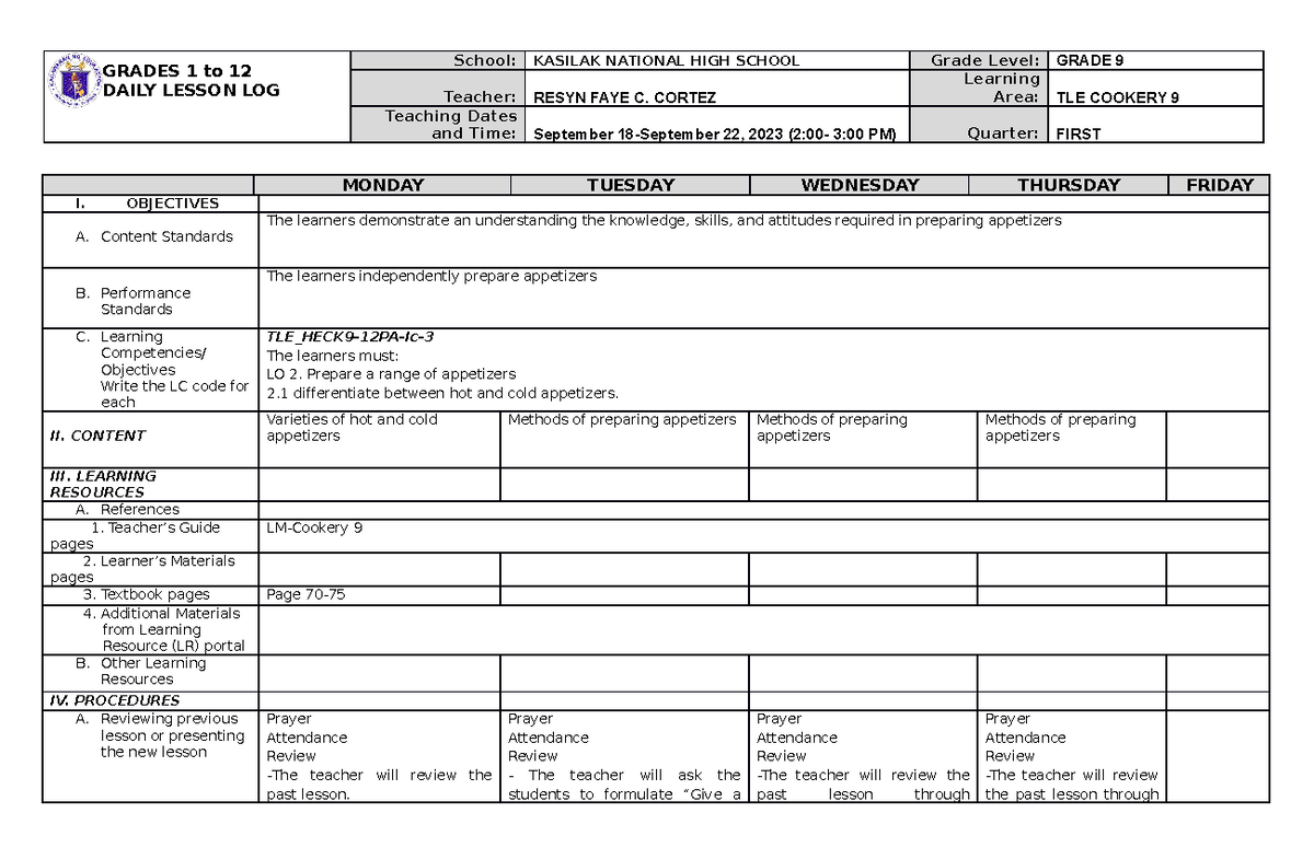 Grade 9 Cookery DLL- WEEK 4 - GRADES 1 to 12 DAILY LESSON LOG School ...