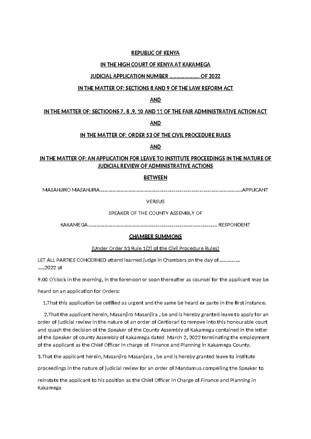 Judicial Review Application: Chamber Summons for Masanjiro Masanjira ...