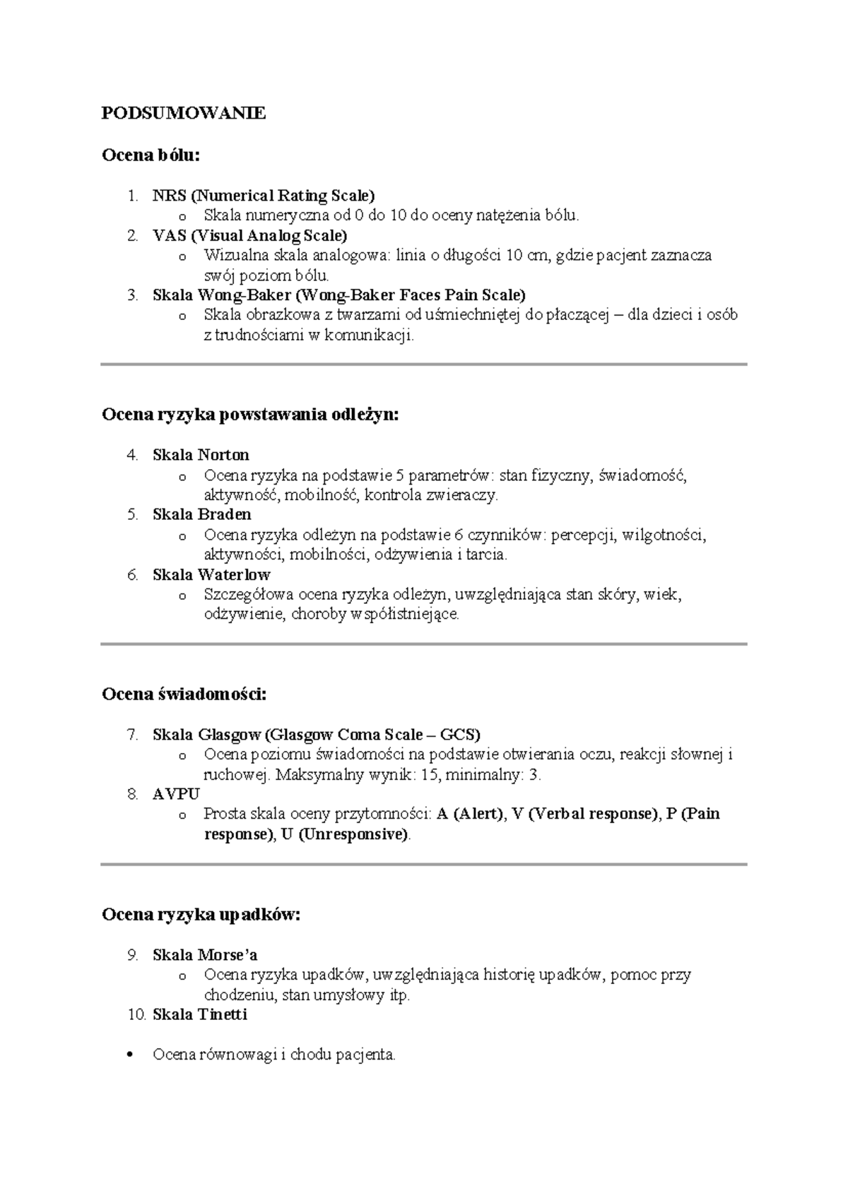Ocena Różnych Skal i Narzędzi w Opiece Medycznej - Skale i Testy - Studocu