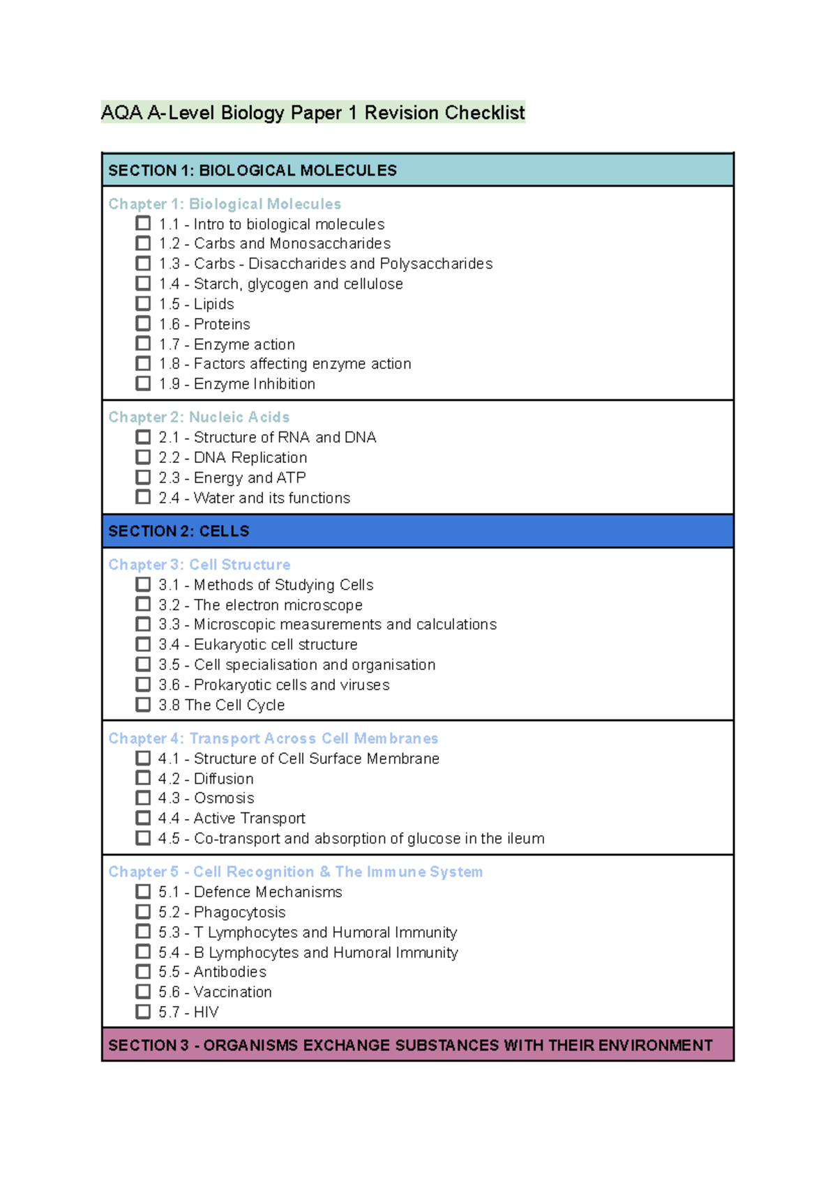 AQA A-Level Biology Paper 1 Revision Guide & Checklist - Studocu
