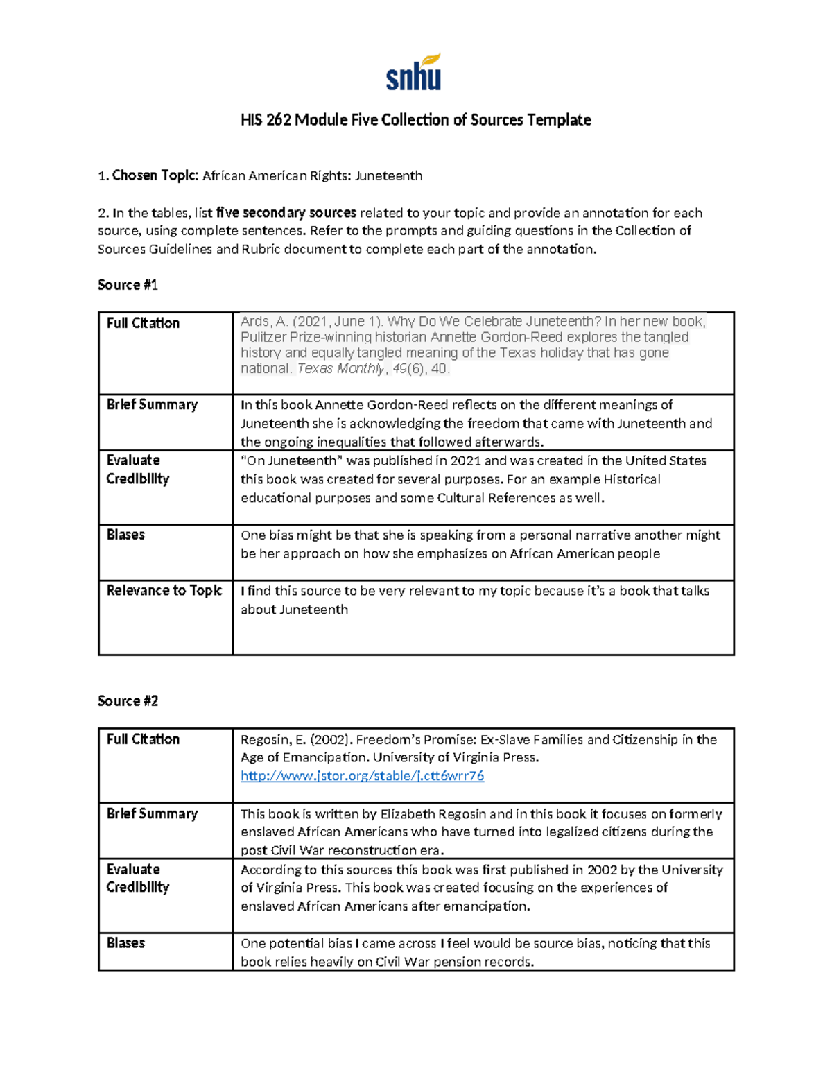 HIS 262 Module Five Source Collection on African American Rights ...